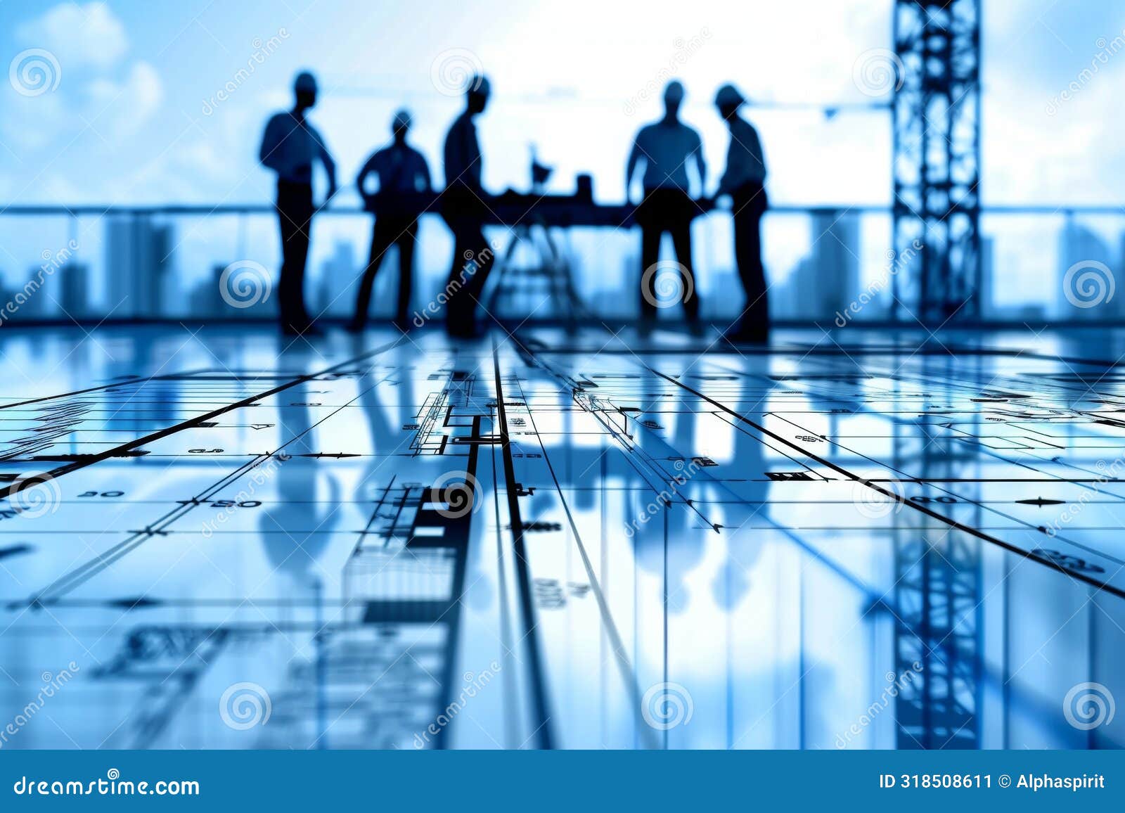 Construction Workers In Silhouette Plan And Strategize Against A ...