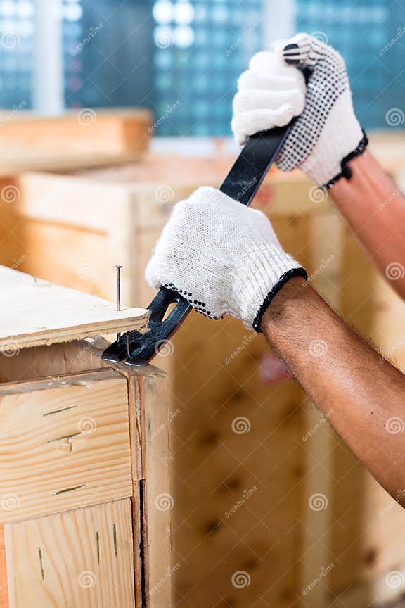 Construction Workers on Site Close Wood Box Stock Image - Image of ...