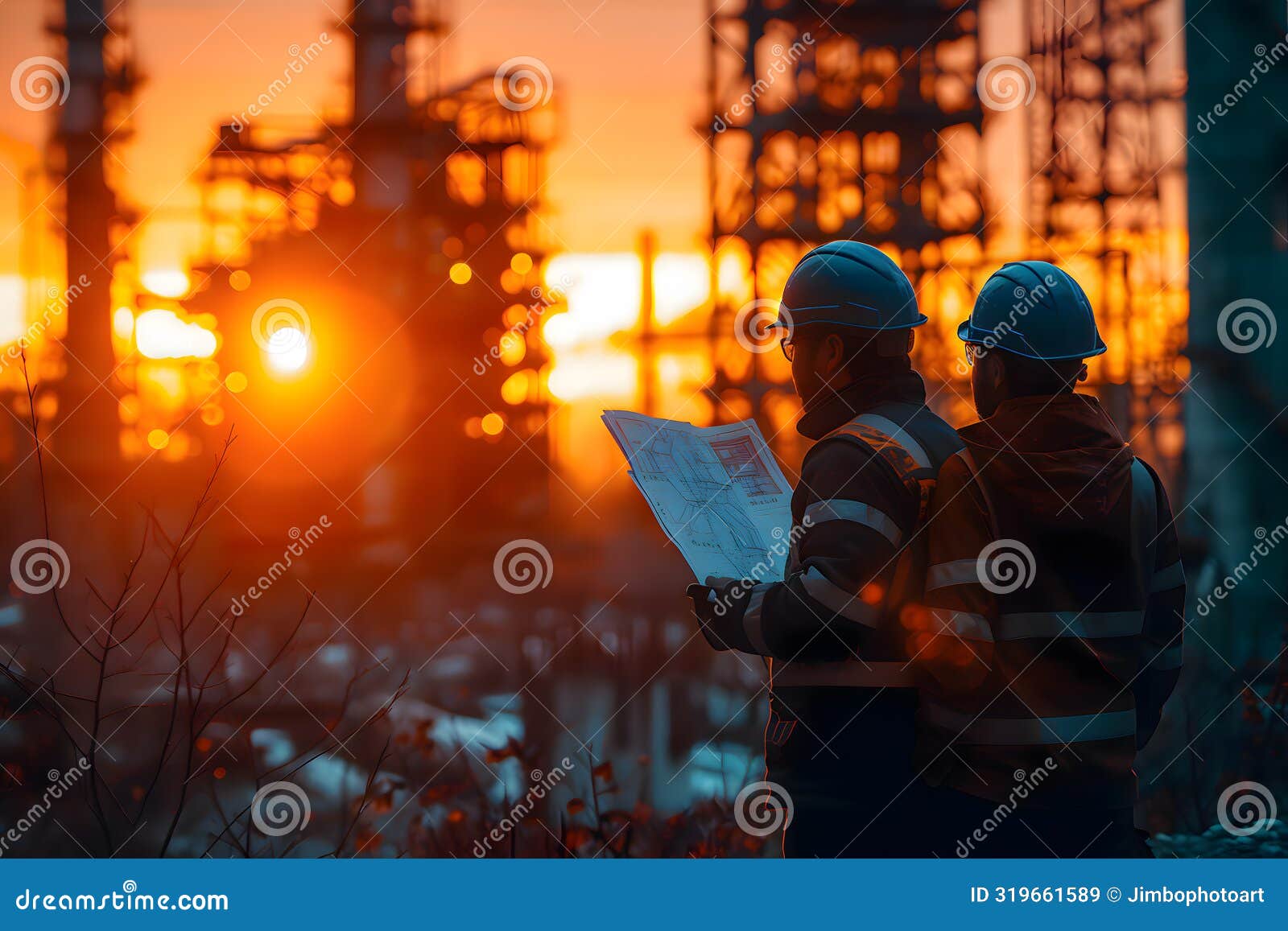 Construction Workers on Site, Engineer Holding Diagram are Standing ...