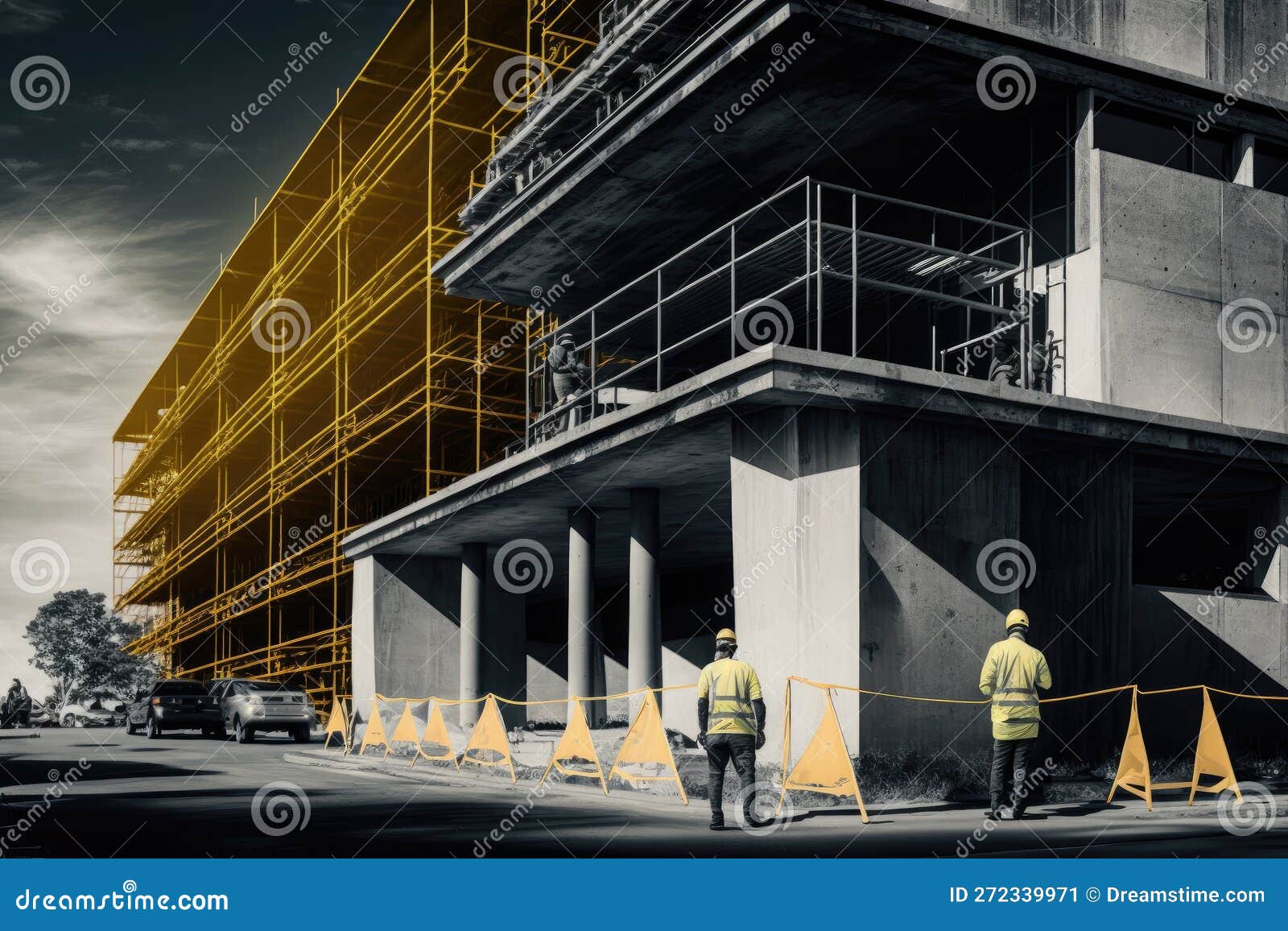 Construction Workers on Site Outside Building in Progress with ...