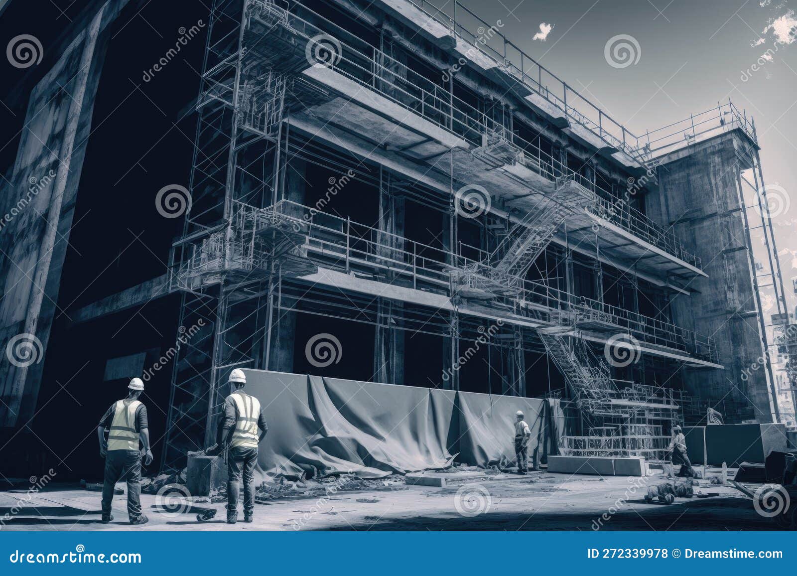 Construction Workers on Site Outside Building in Progress with ...