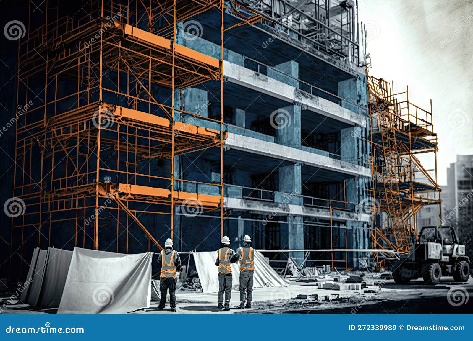 Construction Workers on Site Outside Building in Progress with ...