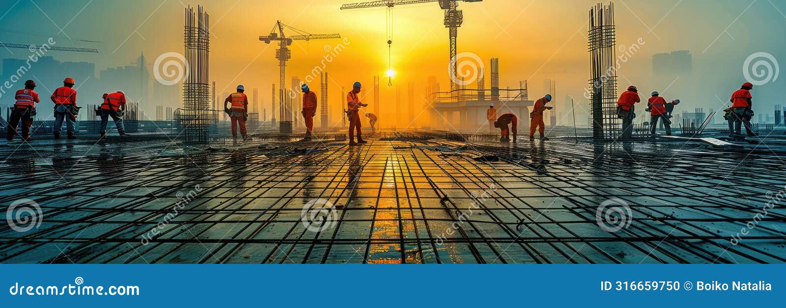 Construction Workers at a Site at Sunset. World of Heat and Engineering ...