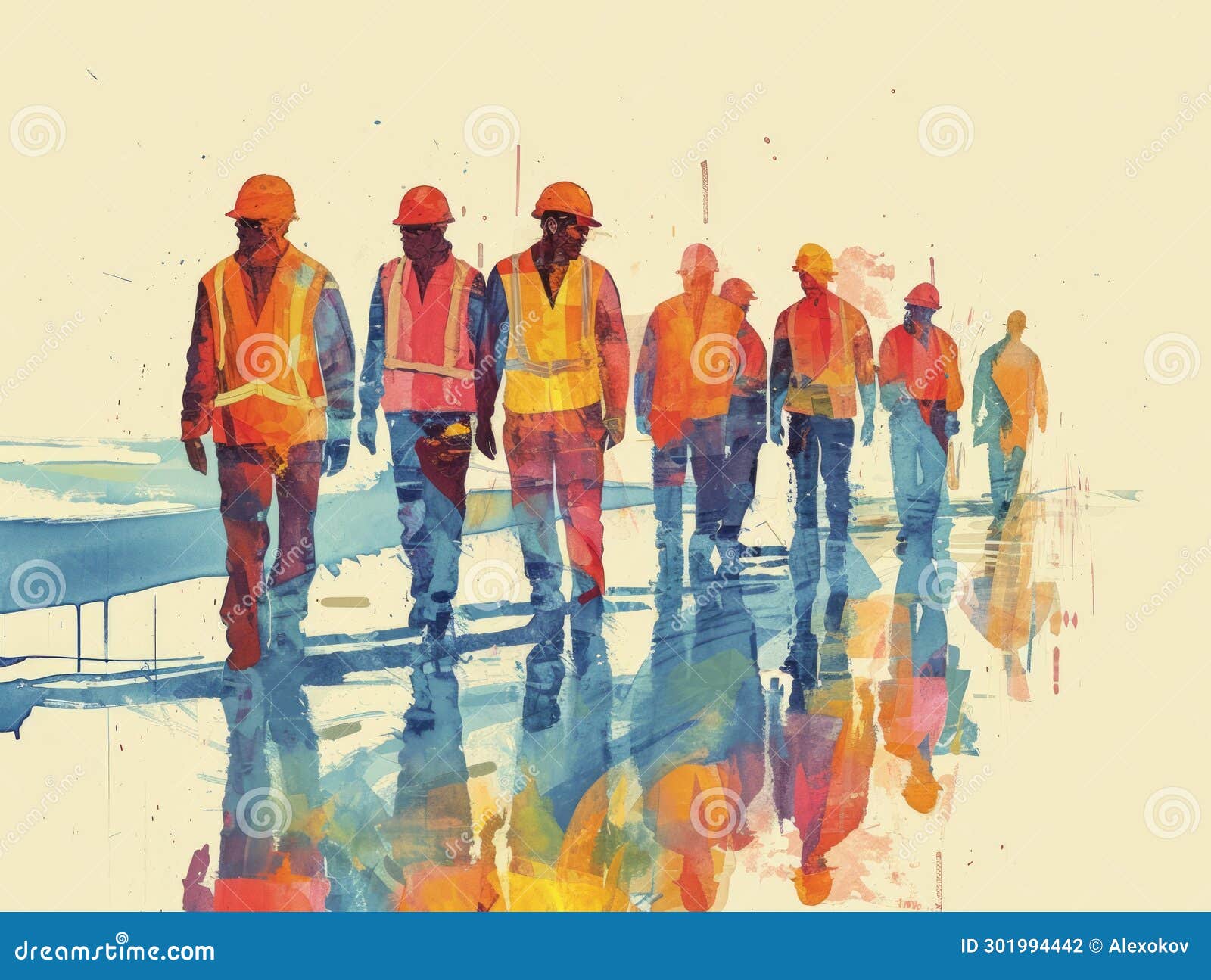Construction Workers on Construction Site. Watercolor Painting ...
