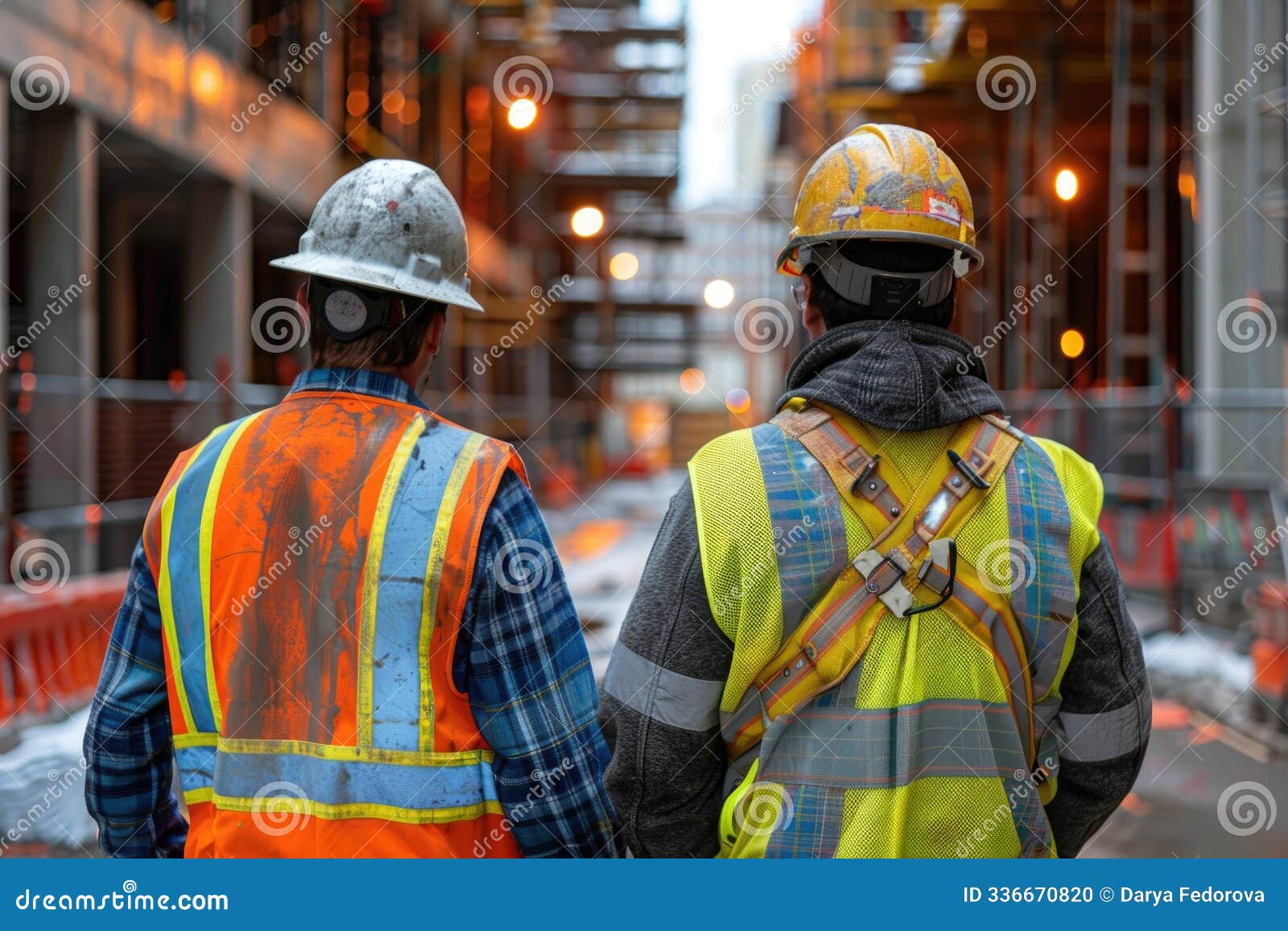 Construction Workers on Site Wearing Safety Gear and Helmets Amidst ...