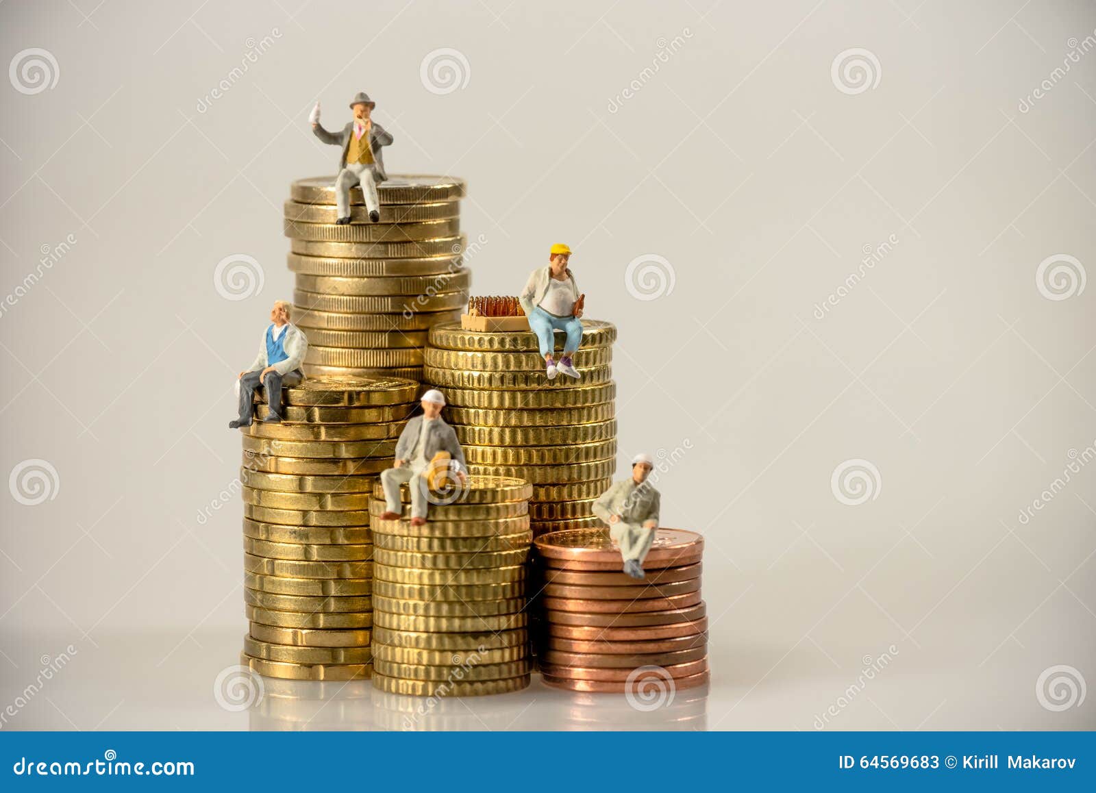 Construction Workers Sitting on Money Coin Piles. Stock Image - Image ...