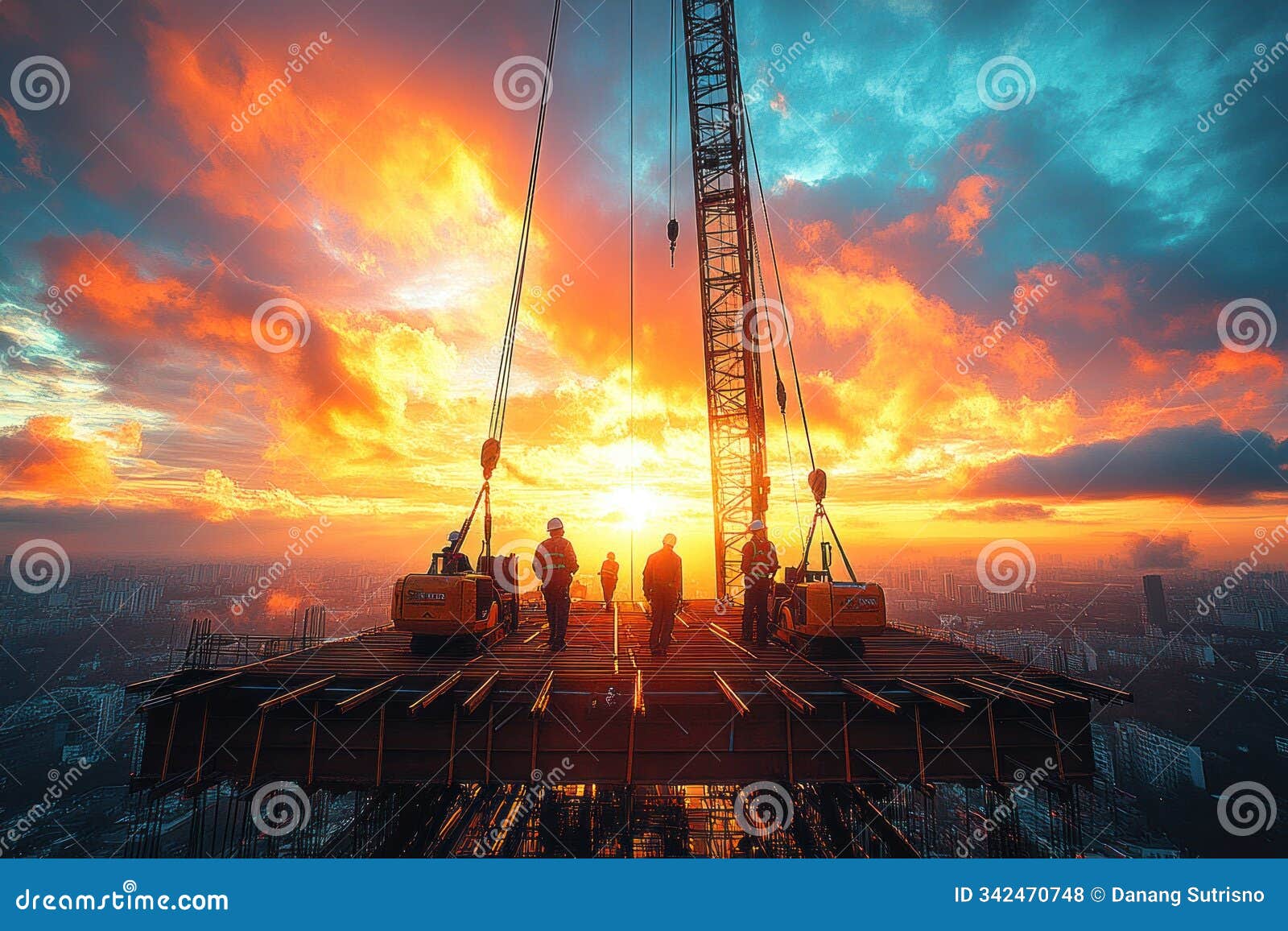Construction Workers Stand on a High Rise Building Platform at Sunset ...