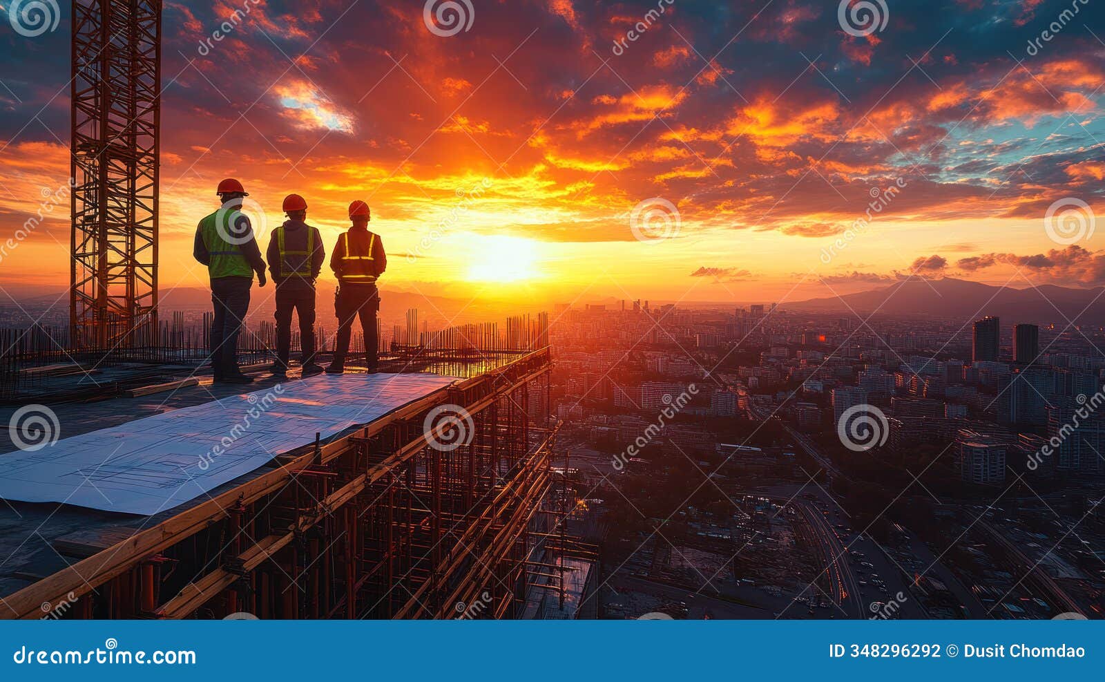 Construction Workers Stand on High Rise Site at Sunset, Celebrating ...