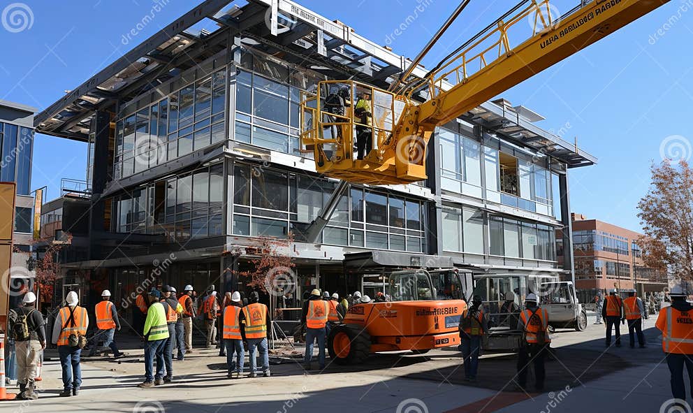 Construction Workers Standing in Front of Building Stock Illustration ...