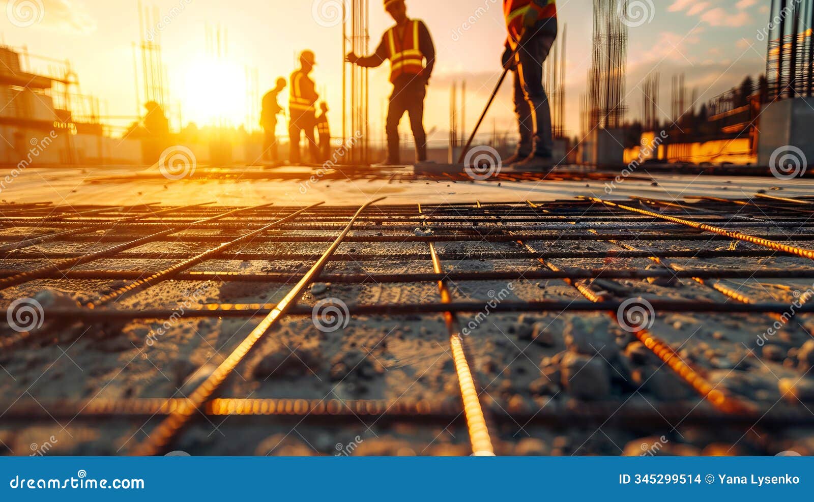 Construction Workers Standing on a Reinforced Steel Grid at Sunset ...