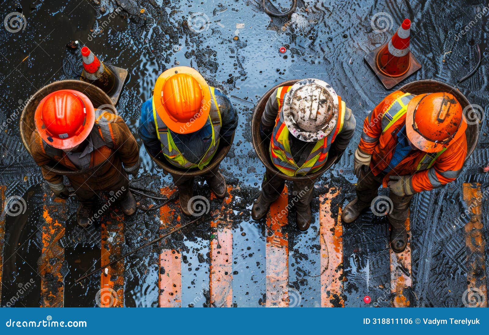 Construction Workers Standing in Row on Wet Road Stock Photo - Image of ...