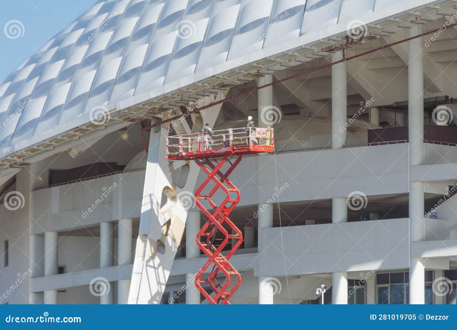 Construction Workers Standing in the Scissors Lifting Crane Bucket ...