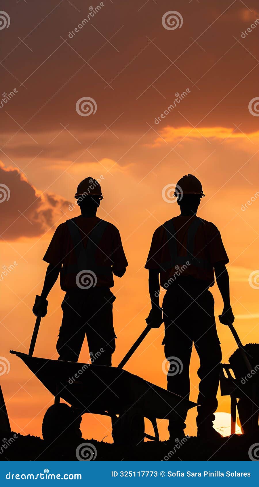Construction Workers at Sunset, with Hard Hats and More Attire for Manual Work with Wheelbarrows ...
