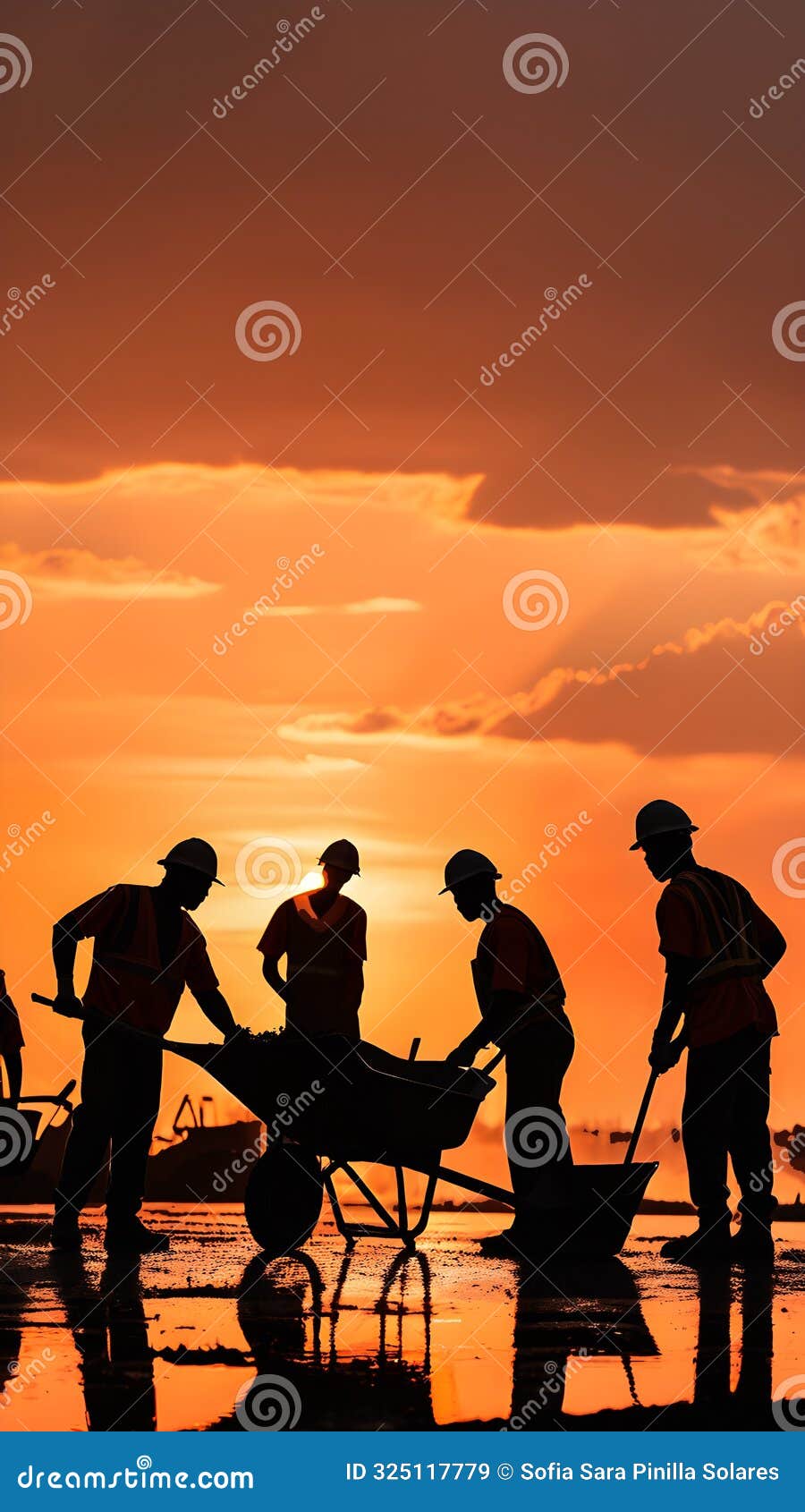 Construction Workers At Sunset, With Hard Hats And More Attire For ...