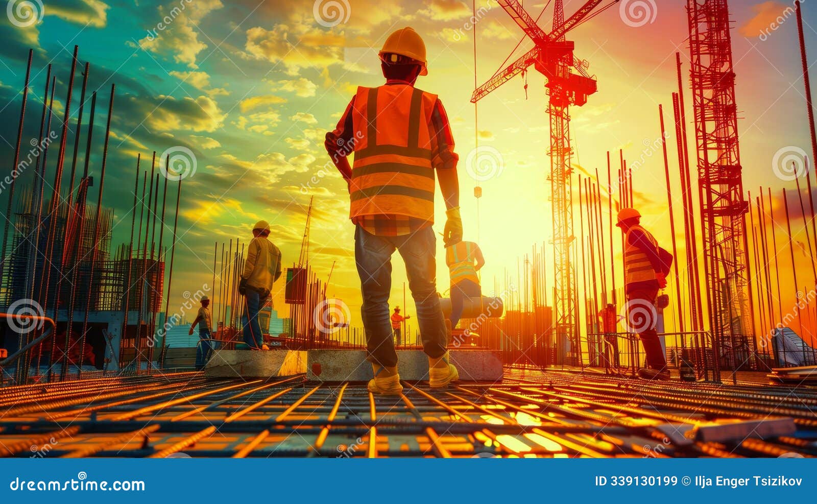 Construction Workers at Sunset, Team on Building Site with Crane ...