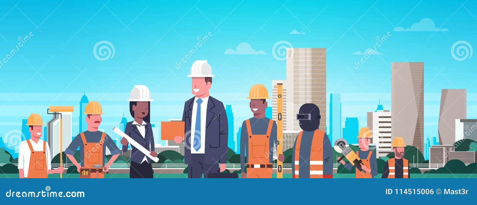 Construction Workers Team Over Modern City Background Horizontal Banner ...