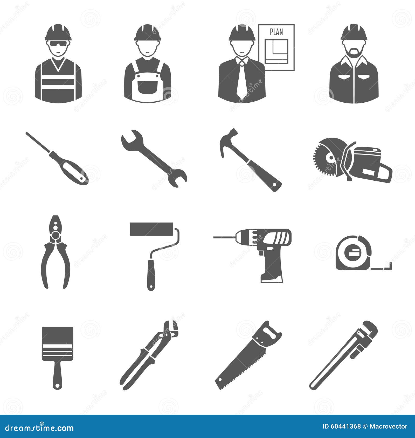 Construction Workers Tools Black Icons Set Stock Vector - Illustration ...