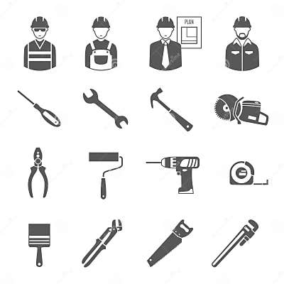 Construction Workers Tools Black Icons Set Stock Vector - Illustration ...