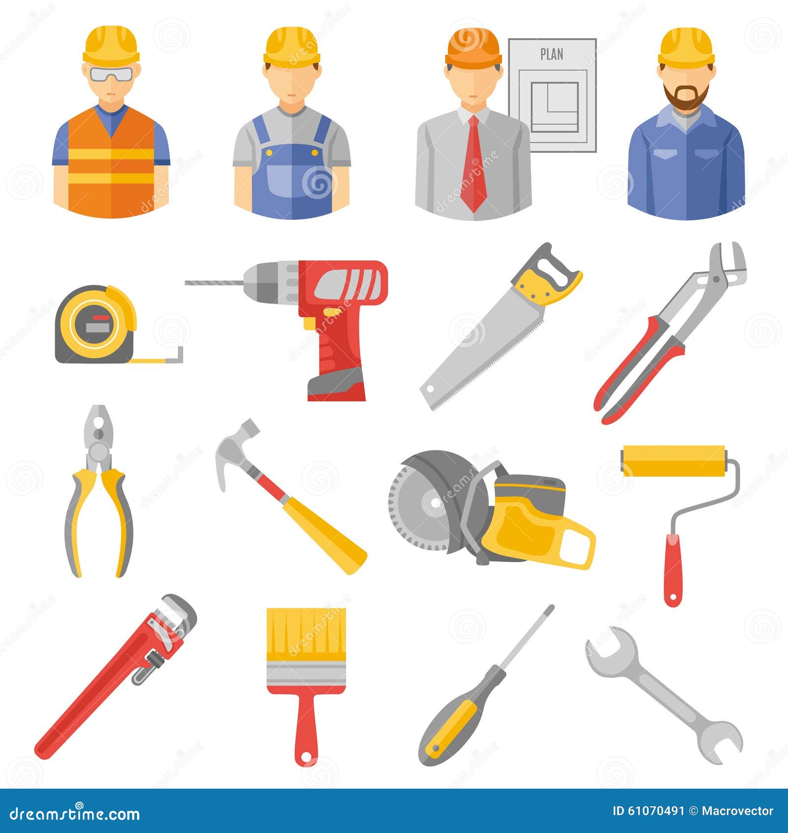 Construction Workers Tools Flat Icons Set Stock Vector - Illustration ...