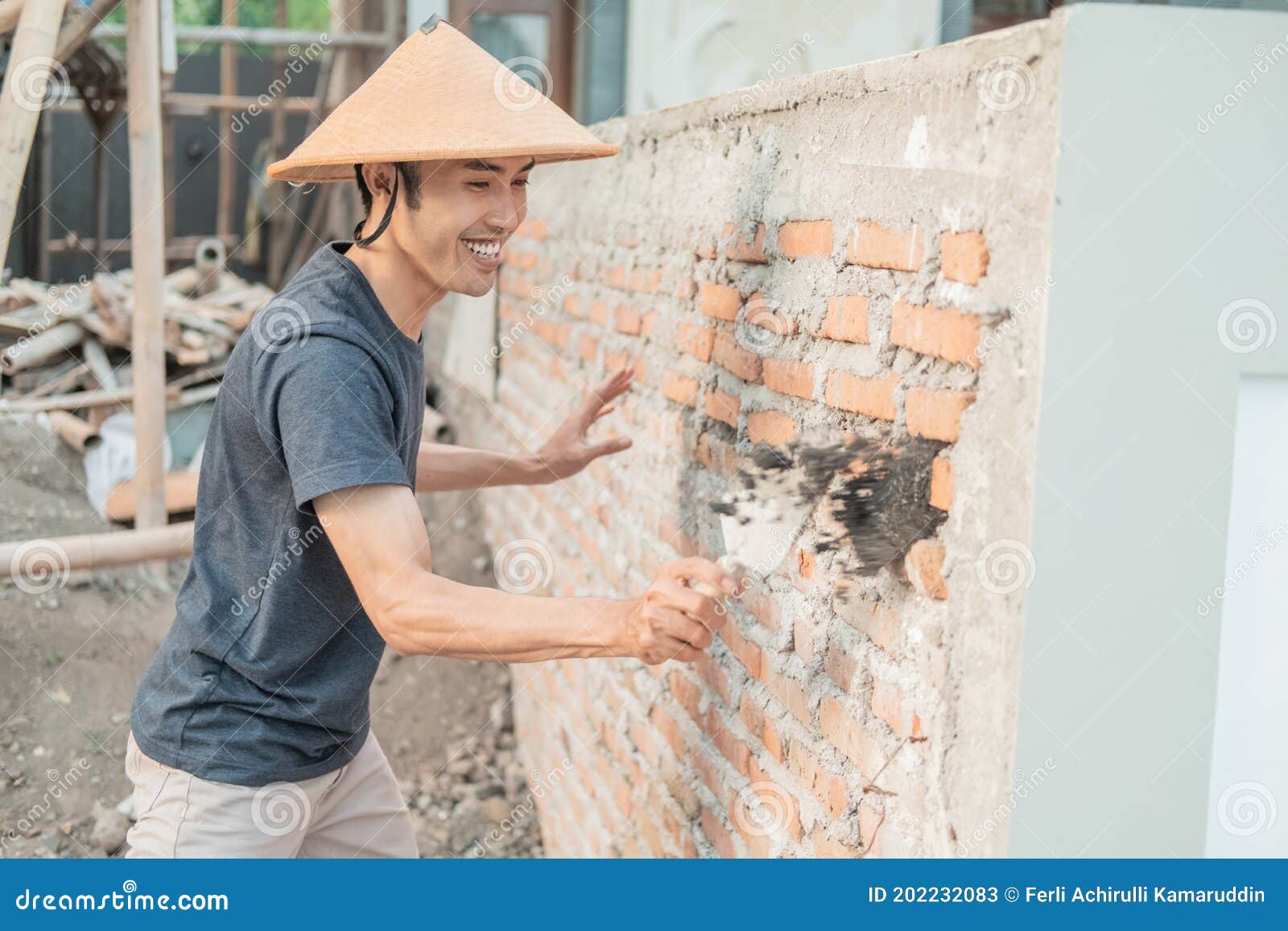 Construction Workers Use Scoops To Attach Cement To the Bricks Stock ...