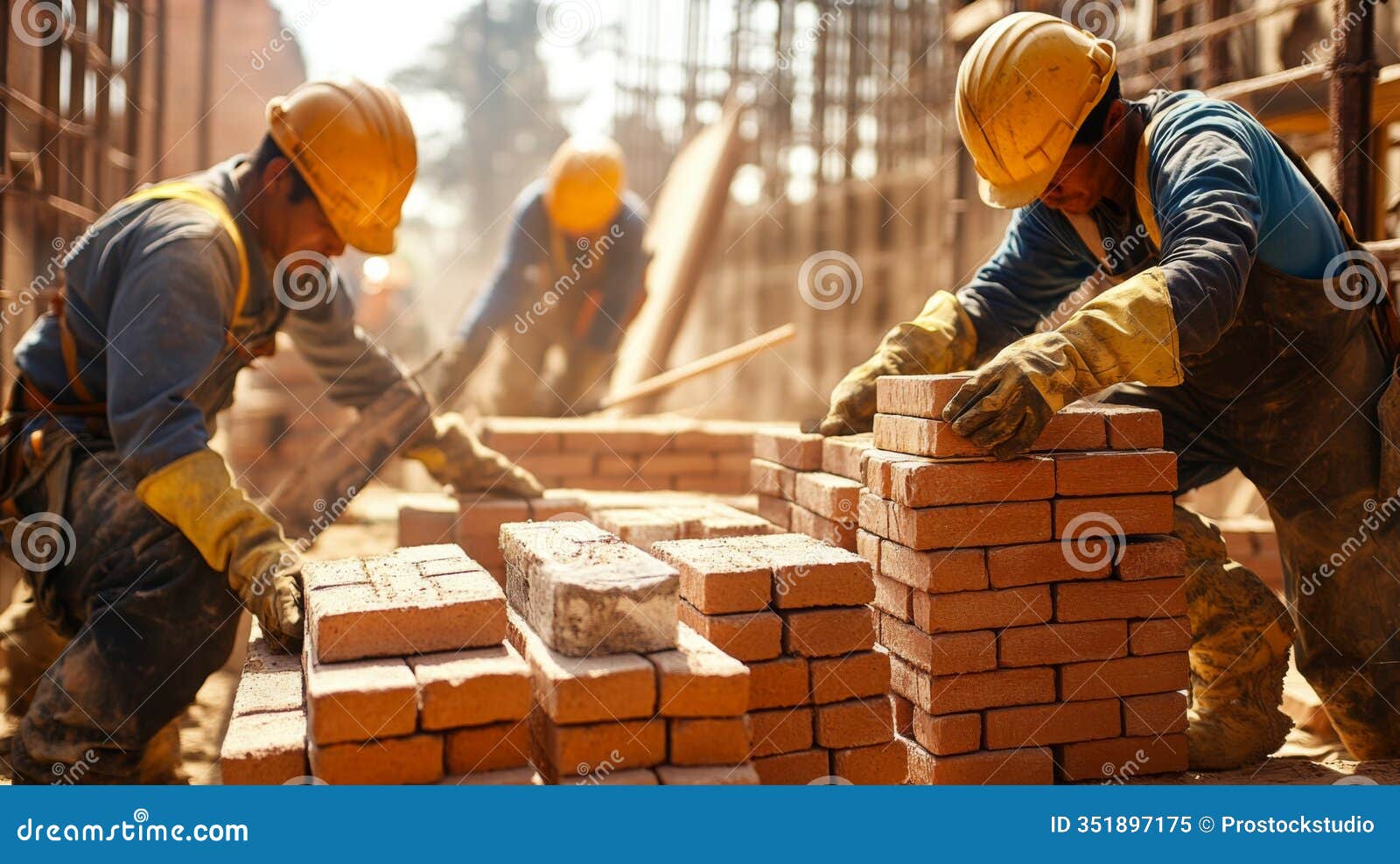 Construction Workers Using Bricks on a Building Site with a Focus on ...