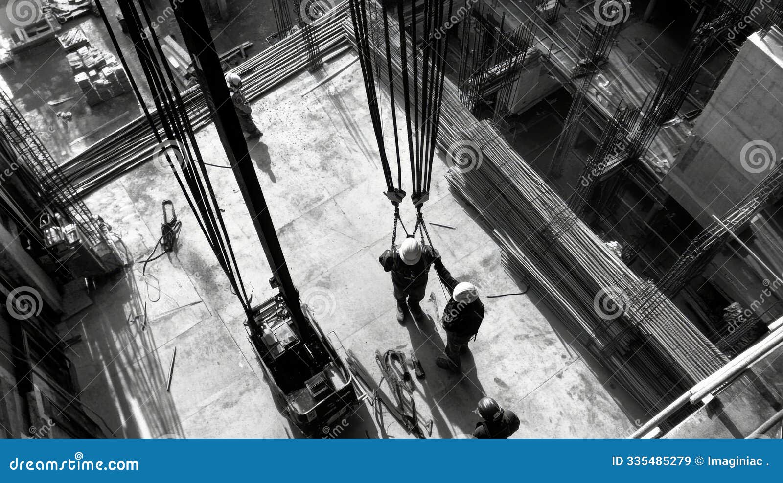 Construction Workers Using Crane To Lift Materials at a Construction ...