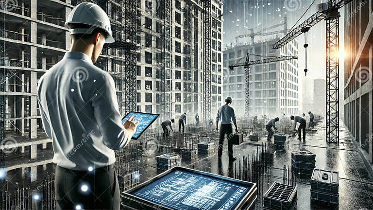 Construction Workers Using Digital Twin Models on Tablets at Active ...