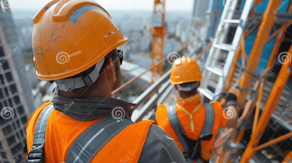 Construction Workers Using Fall Protection Systems on a High-rise ...