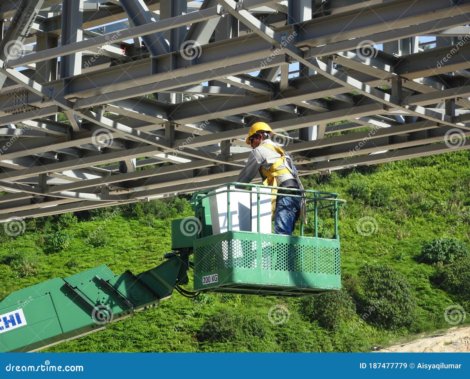 Construction Workers Using the Mobile Crane Bucket Editorial Stock ...