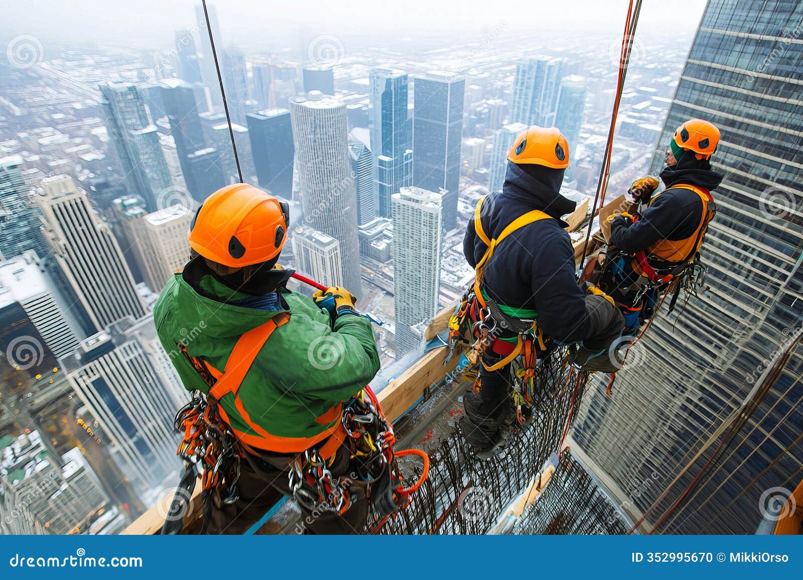 Construction Workers Utilizing Safety Gear and Fall Arrest Devices ...