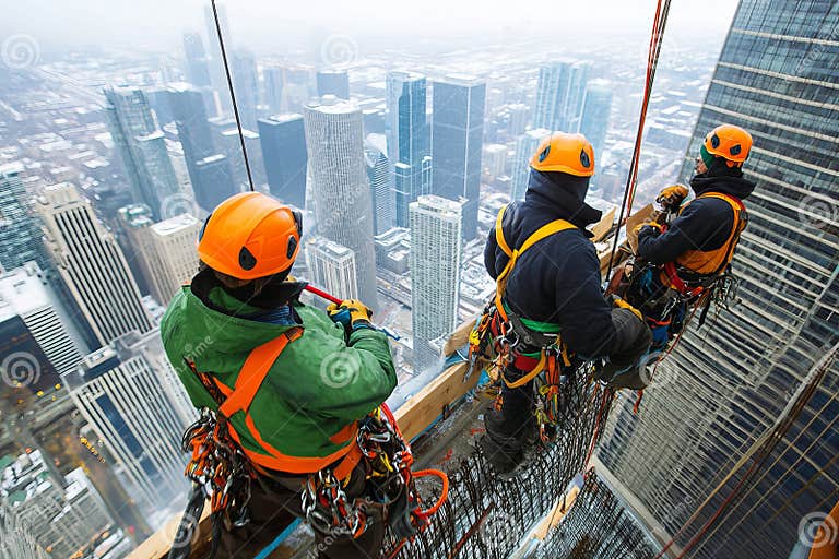 Construction Workers Utilizing Safety Gear and Fall Arrest Devices ...