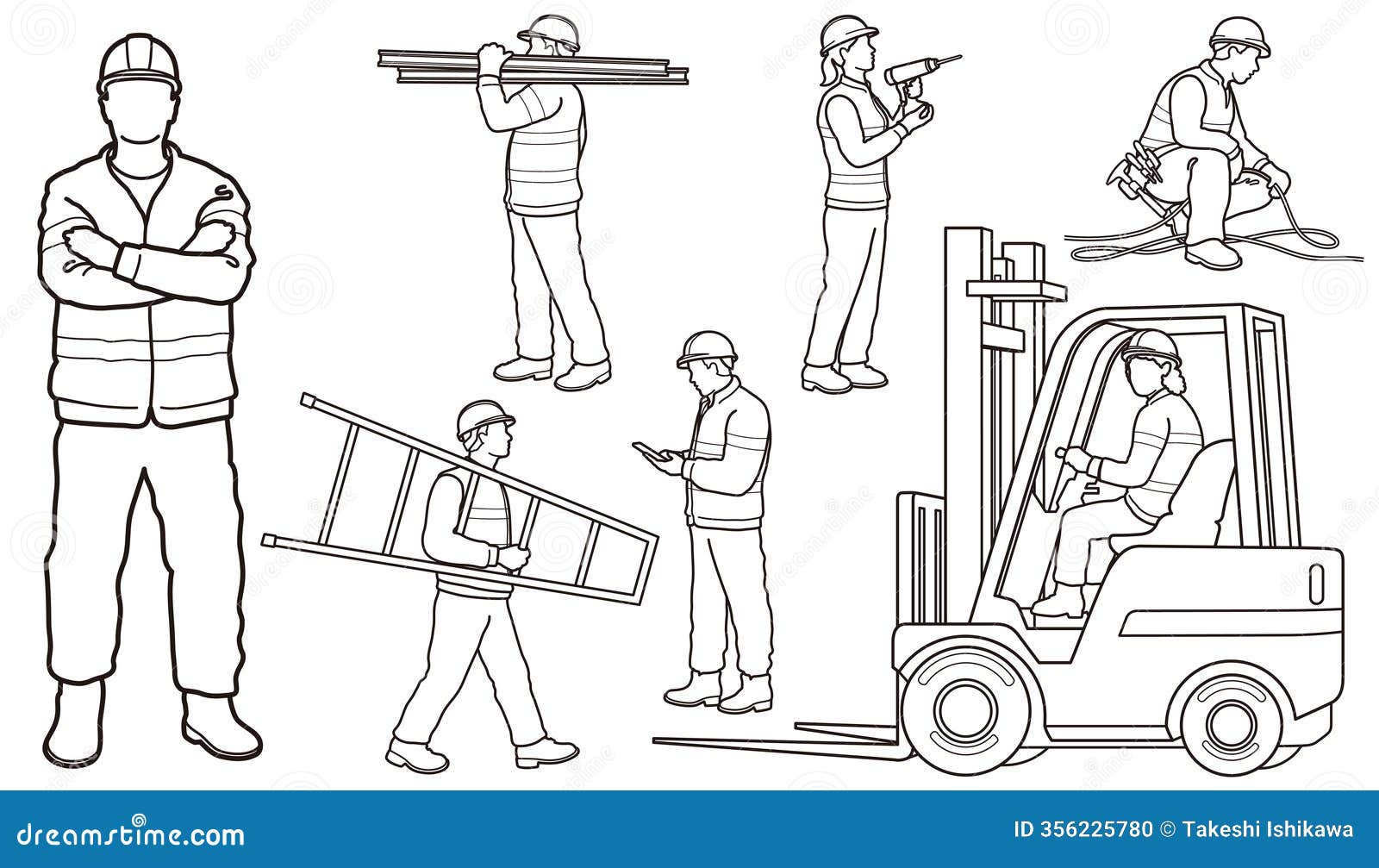 Construction Workers Vector Monochrome Line Drawing Set. Stock Vector ...
