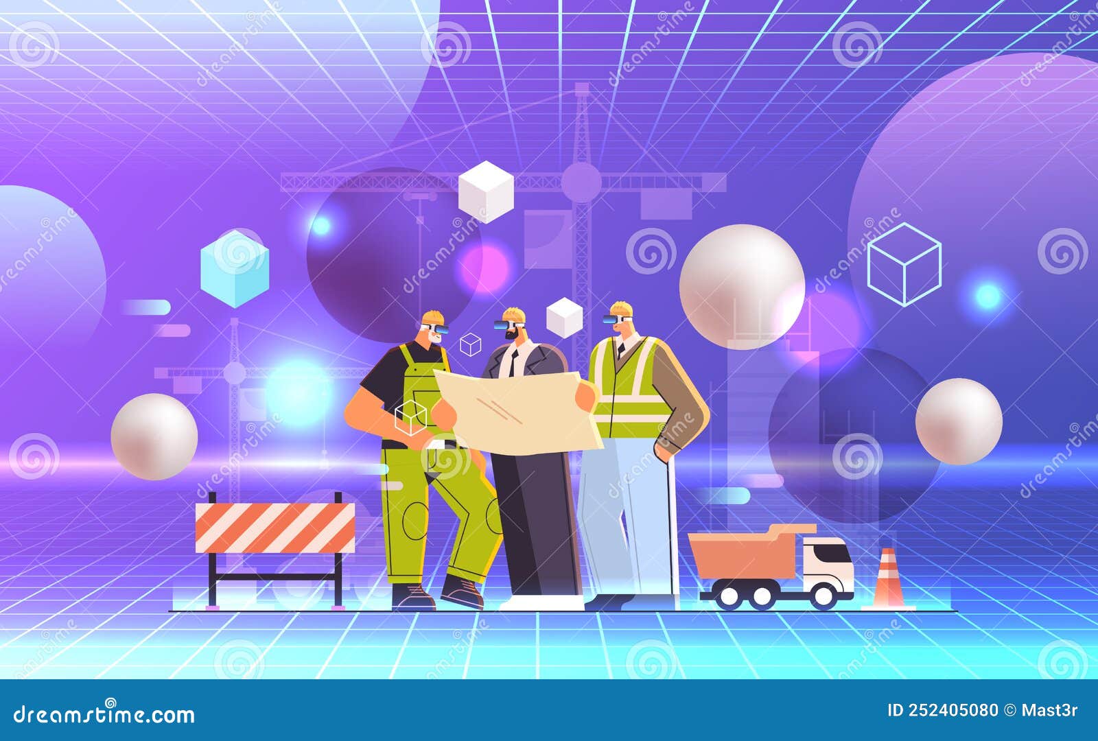 Construction Workers in Virtual Reality Glasses Holding Blueprint Vr ...