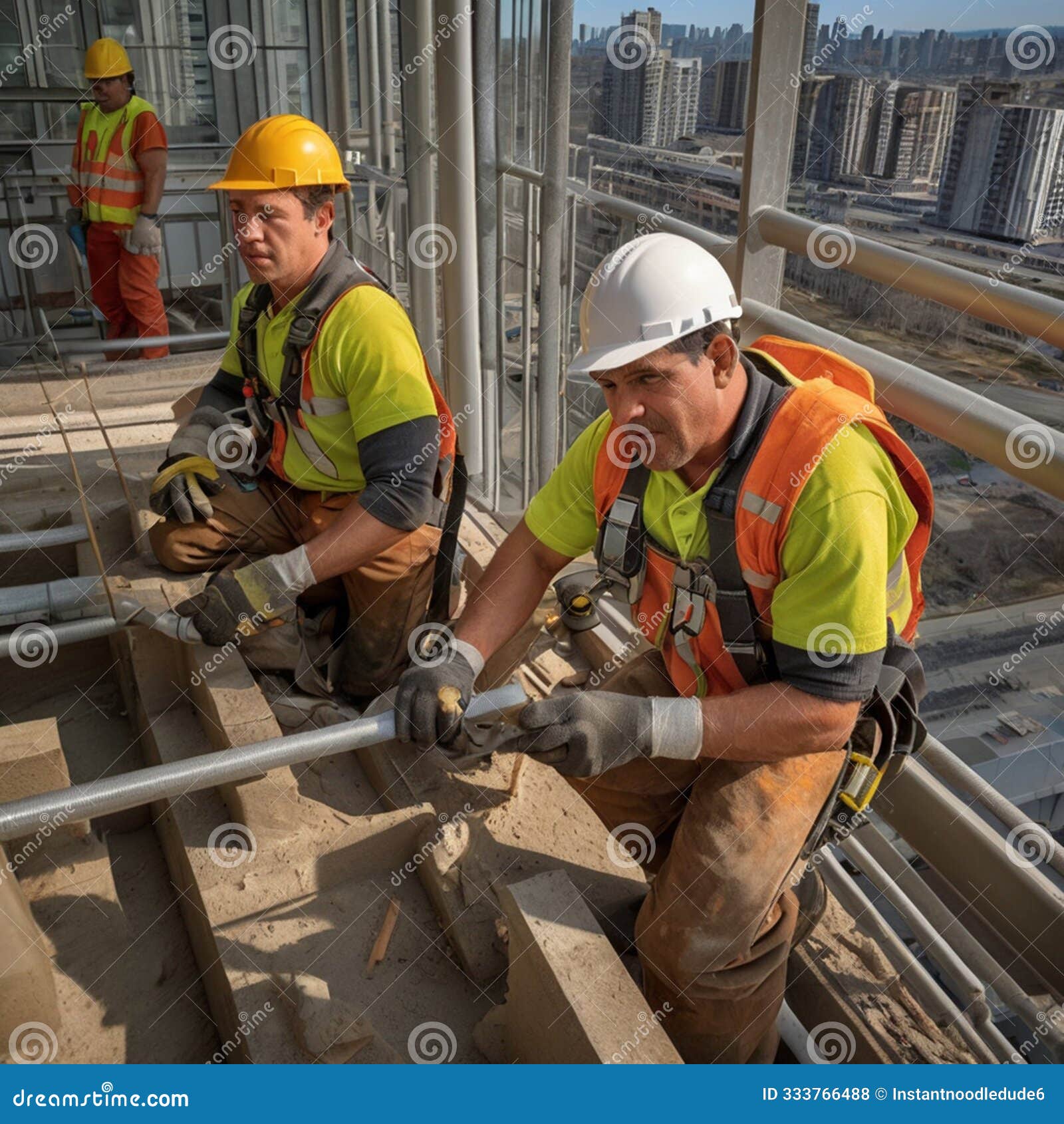 Construction Workers Wearing Safety Gear and Safety Harness while Installing Scaffolding at a ...