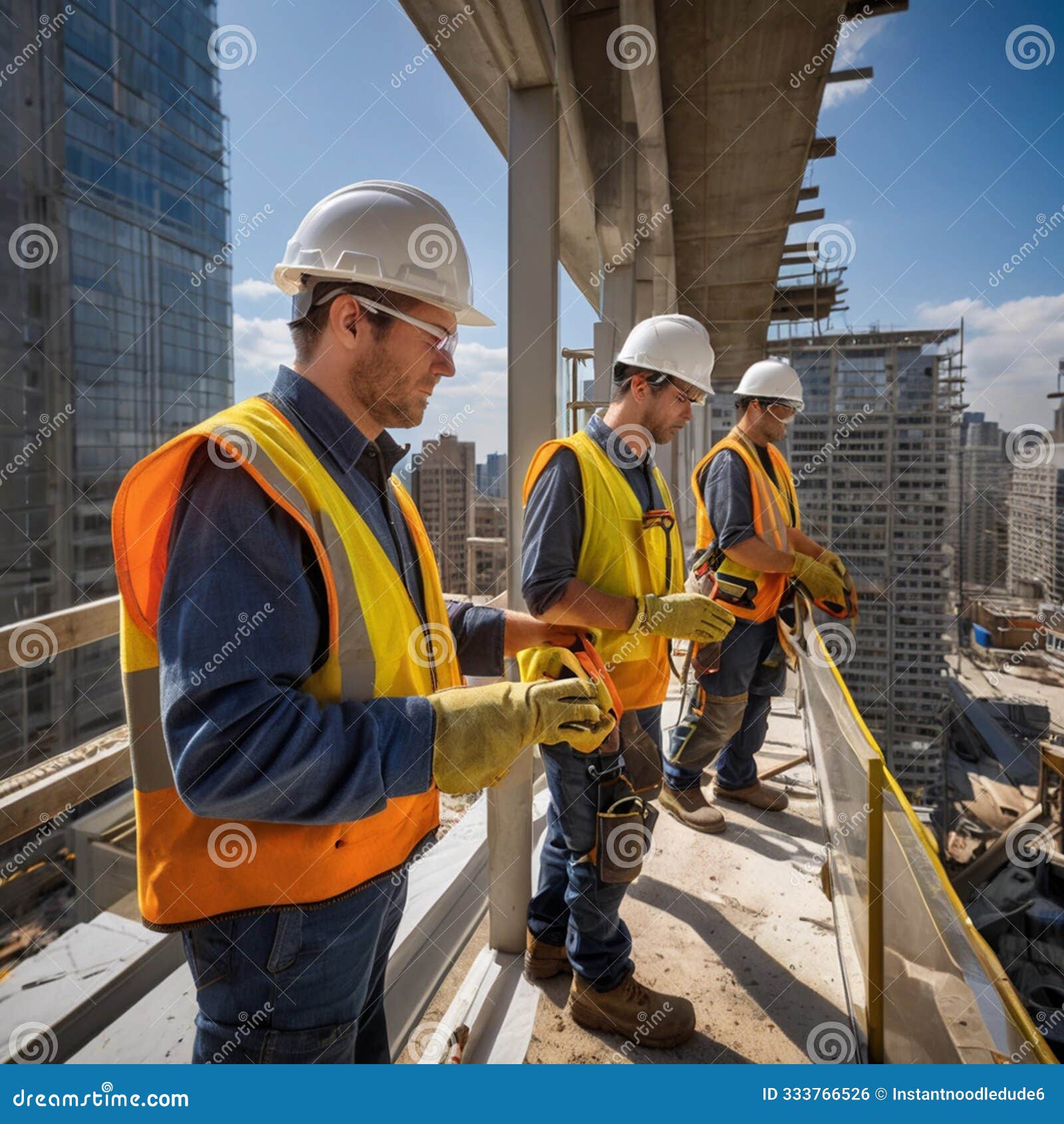 Construction Workers Wearing Safety Gear and Safety Harness while ...