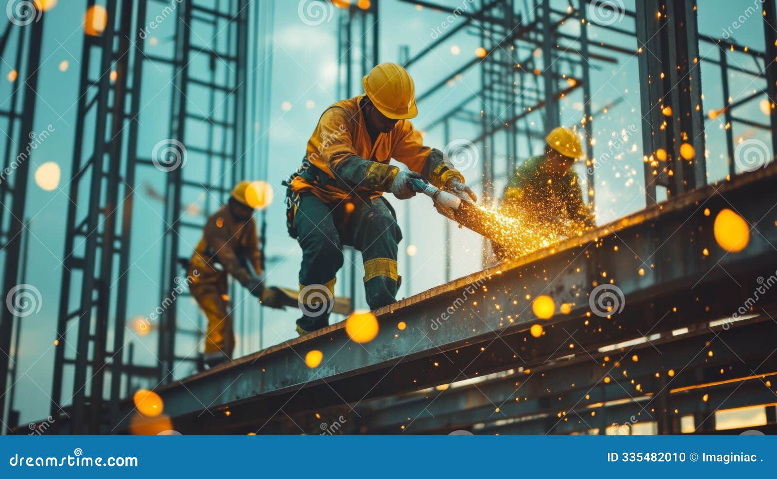 Construction Workers Welding Steel Beams on a High-Rise Building Stock ...