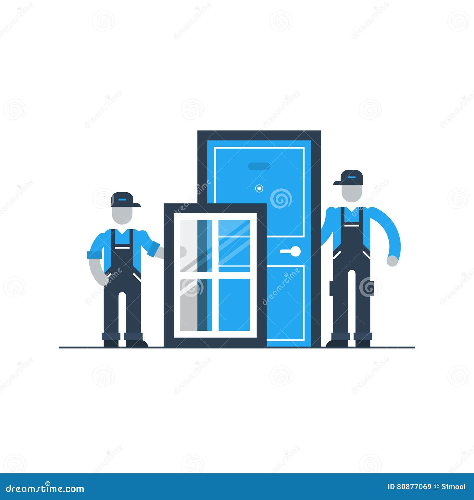 Construction Workers with Window Frame and Door Stock Vector ...