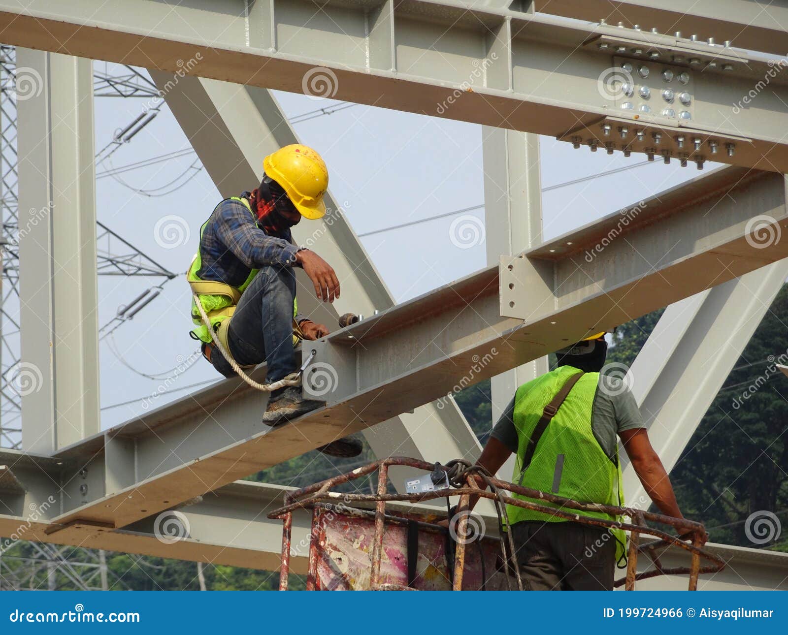 Construction Workers Working at Height Installing the Steel Structure ...