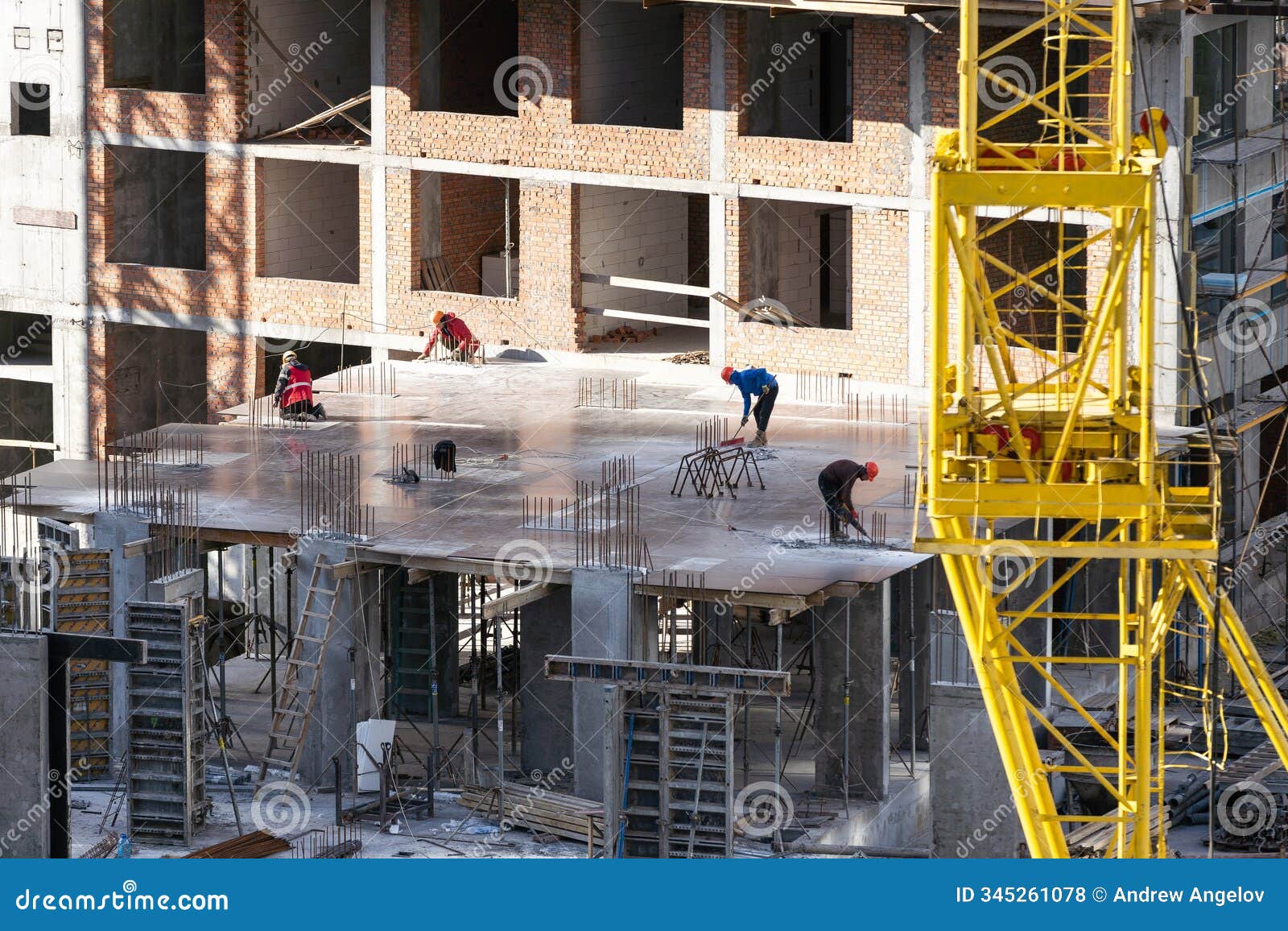 Construction Workers Working on Construction Machine. Aerial Platform ...