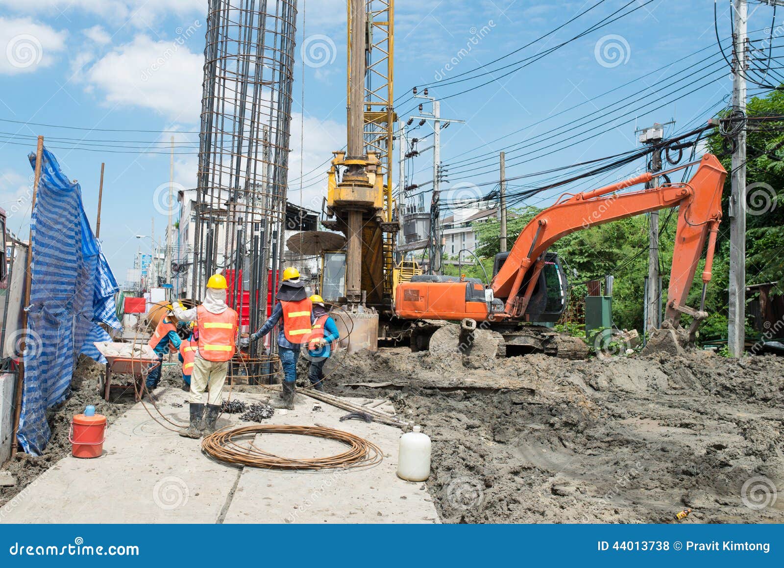 Construction Workers Working in Site Bridge Piling Stock Photo - Image ...