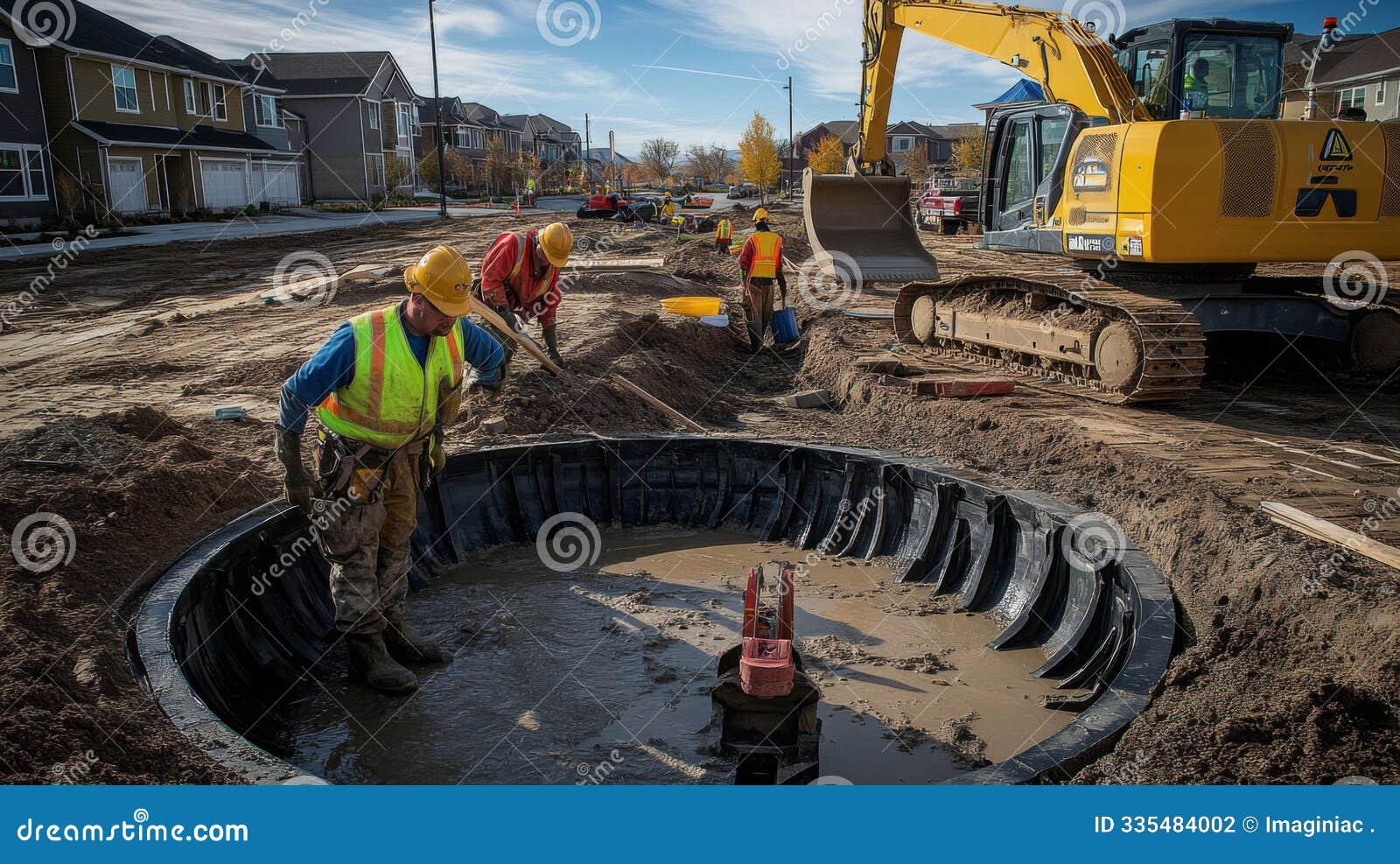 Construction Workers Working on a Trench with an Excavator Stock ...