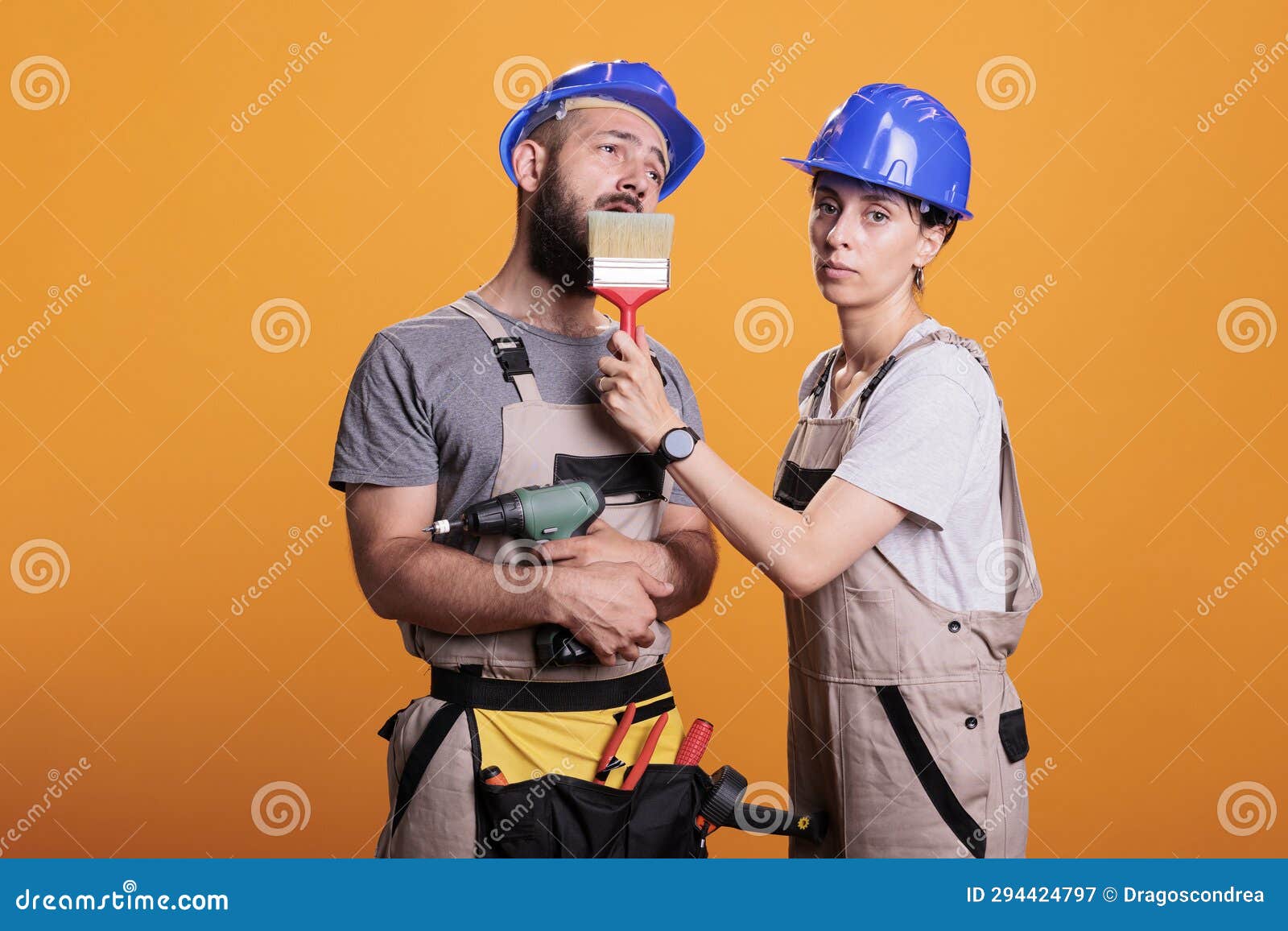 Construction Workers Yawning and Being Sleepy in Studio Stock Image ...