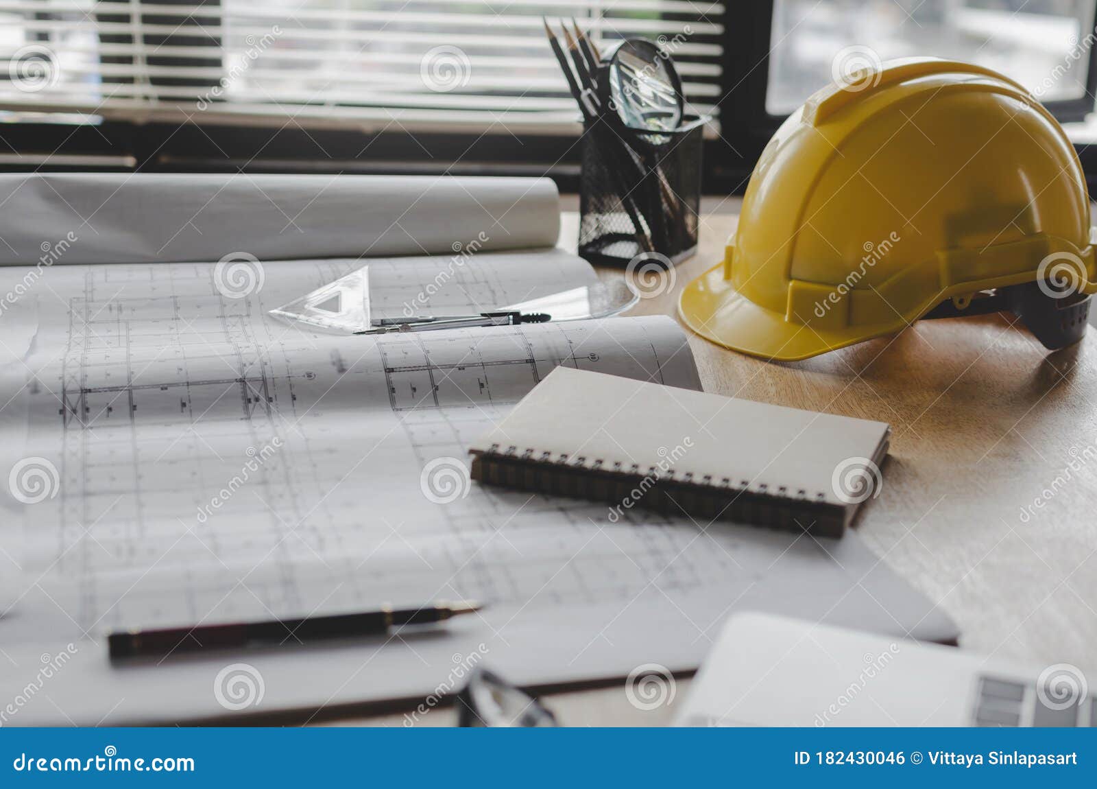 Construction Working Tool, Blueprint and Yellow Safety Helmet on ...