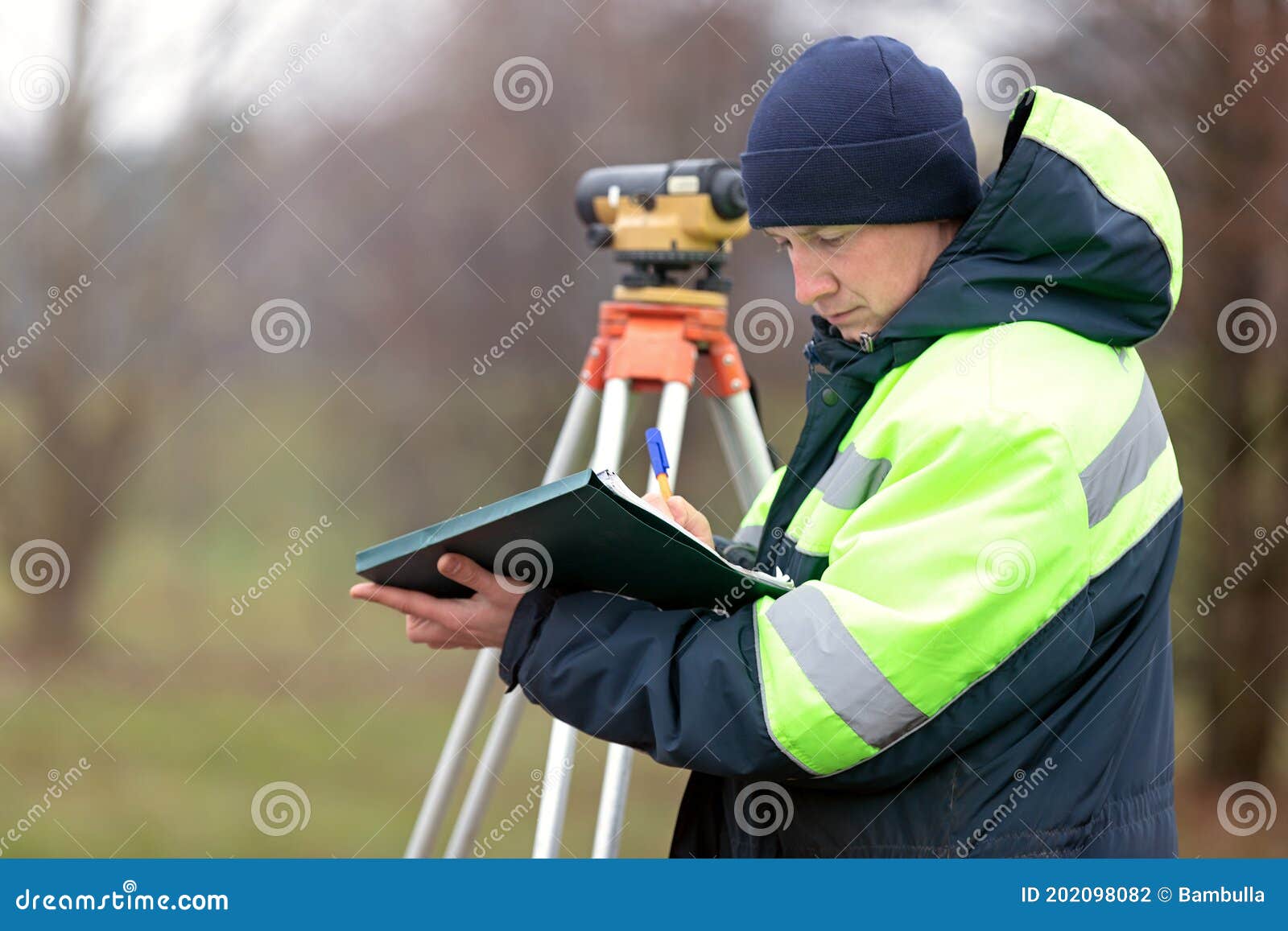 Construction Works with Tacheometer Theodolite Stock Photo - Image of ...