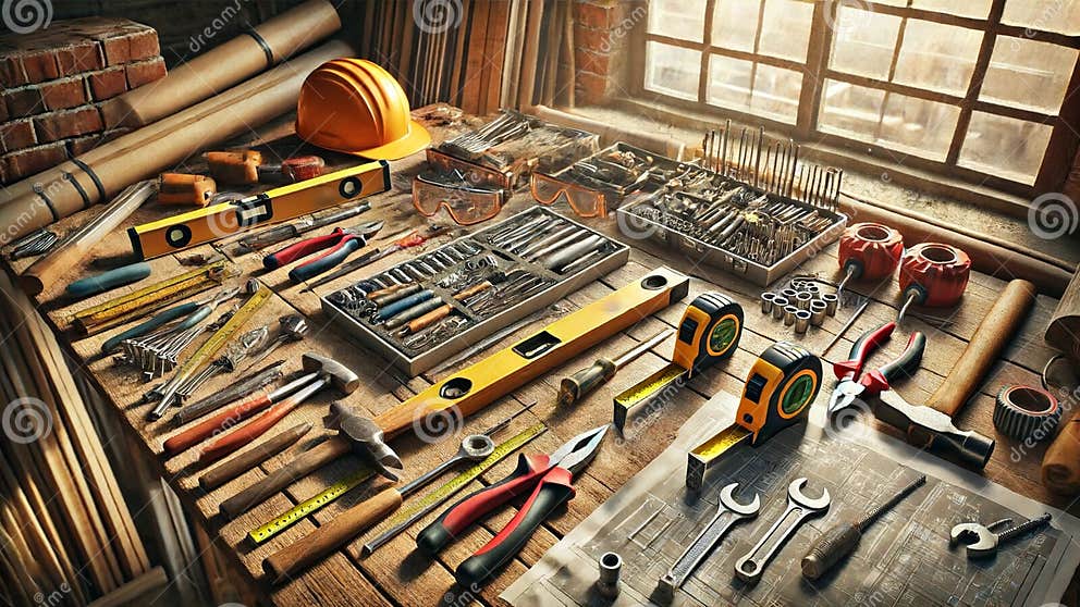 Construction Workspace with Tools on a Workbench Stock Illustration ...