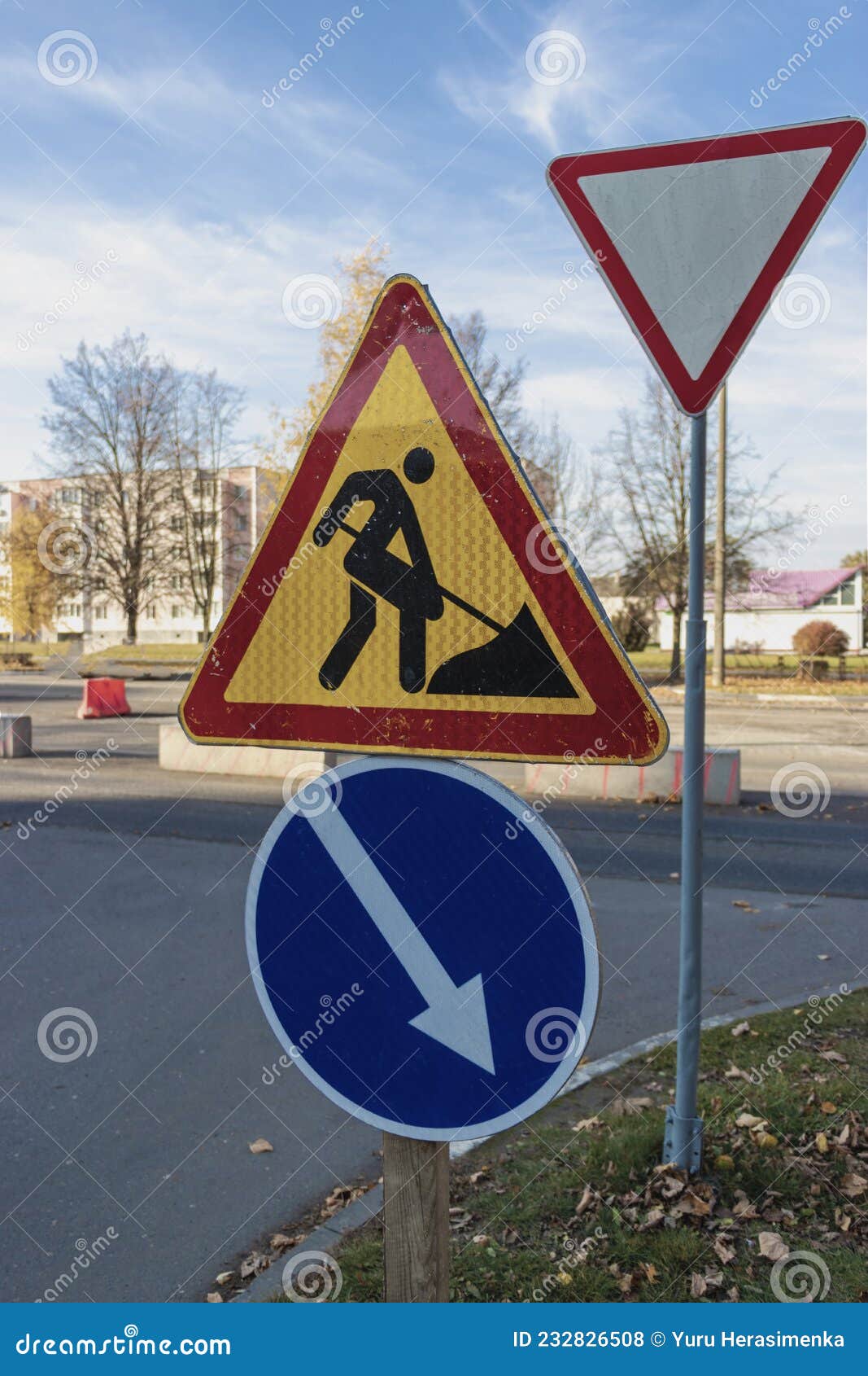 Construction Zone Sign by the Road in Urban Environment. Warning Road ...