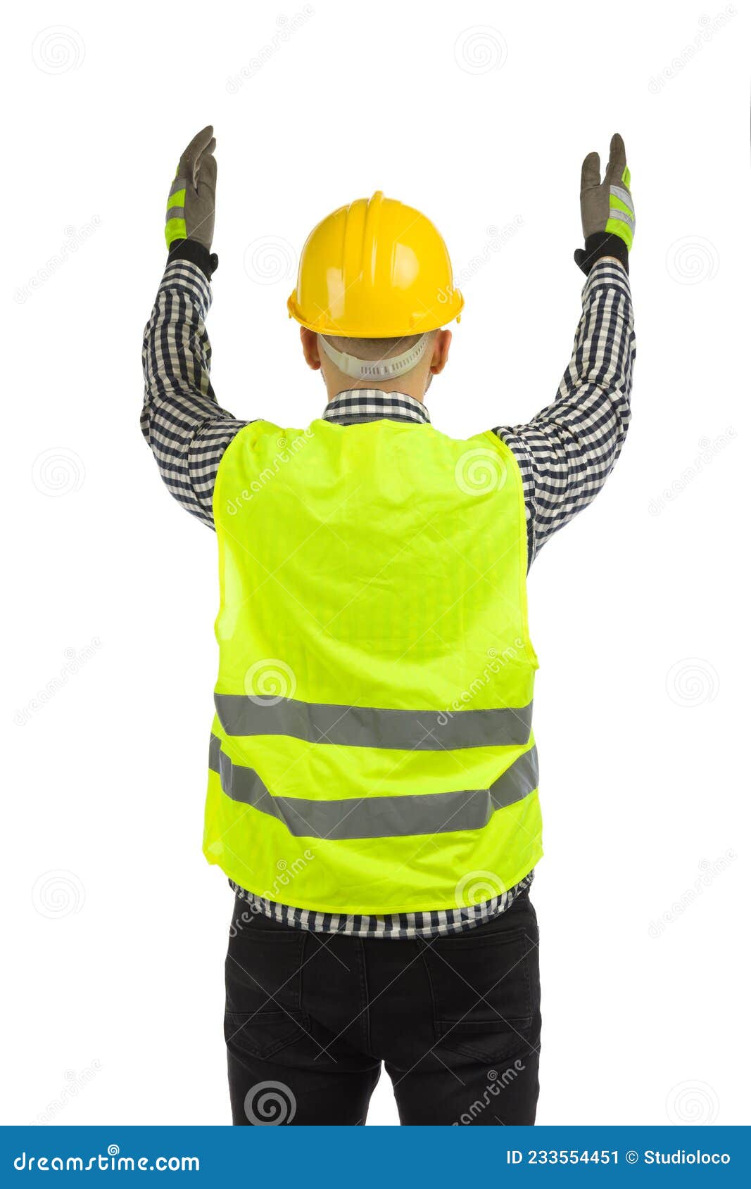 Construction Worker is Directing with Hands Raised. Rear View. Three ...