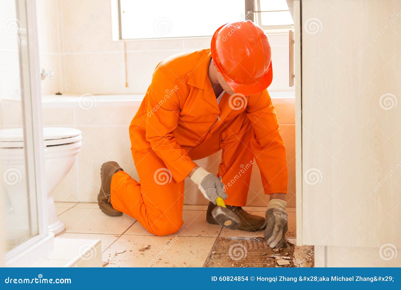 Constructon Worker Removing Tiles Stock Photo - Image of handsome ...