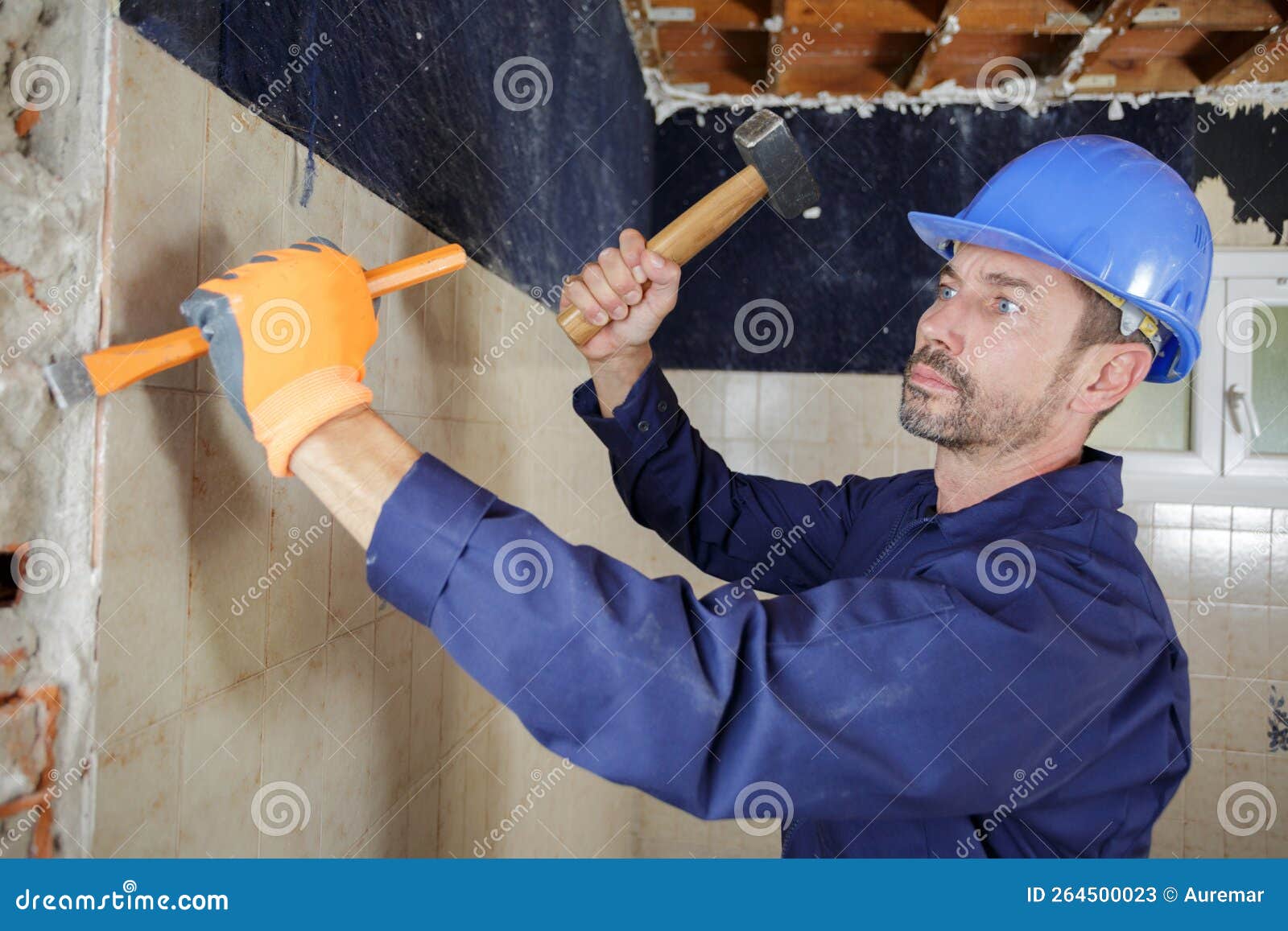 Constructon Worker Using Hammer and Chisel Stock Image - Image of happy ...