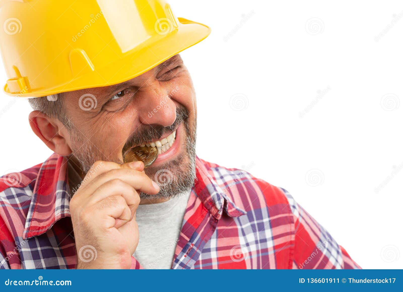 Constructor biting bitcoin stock image. Image of background - 136601911